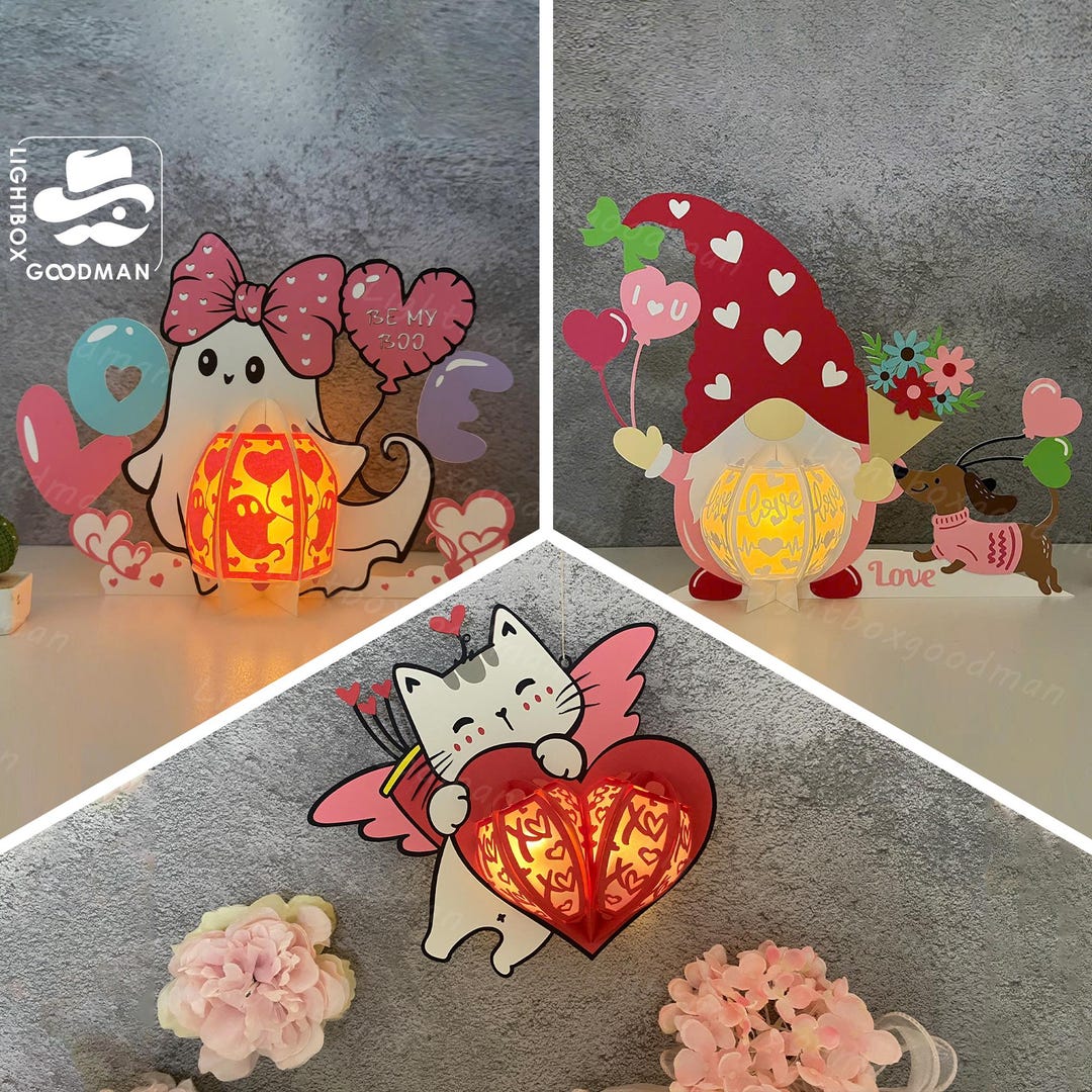Pack 3 Valentine Paper Lantern SVG Template: Valentine Papercut DIY ...