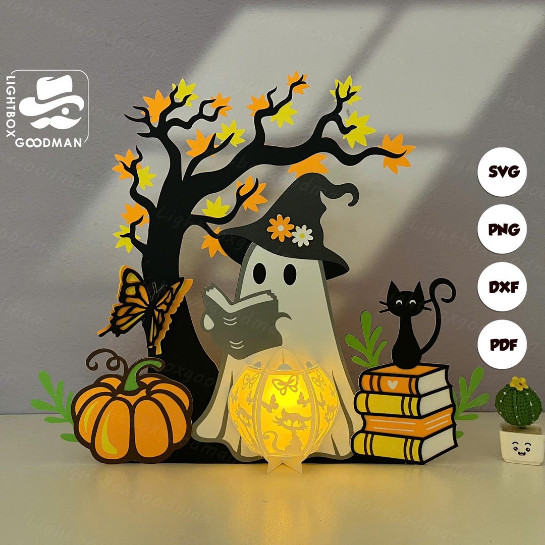 Ghost Reading Lantern SVG: Halloween Paper Cut Template (digital ...