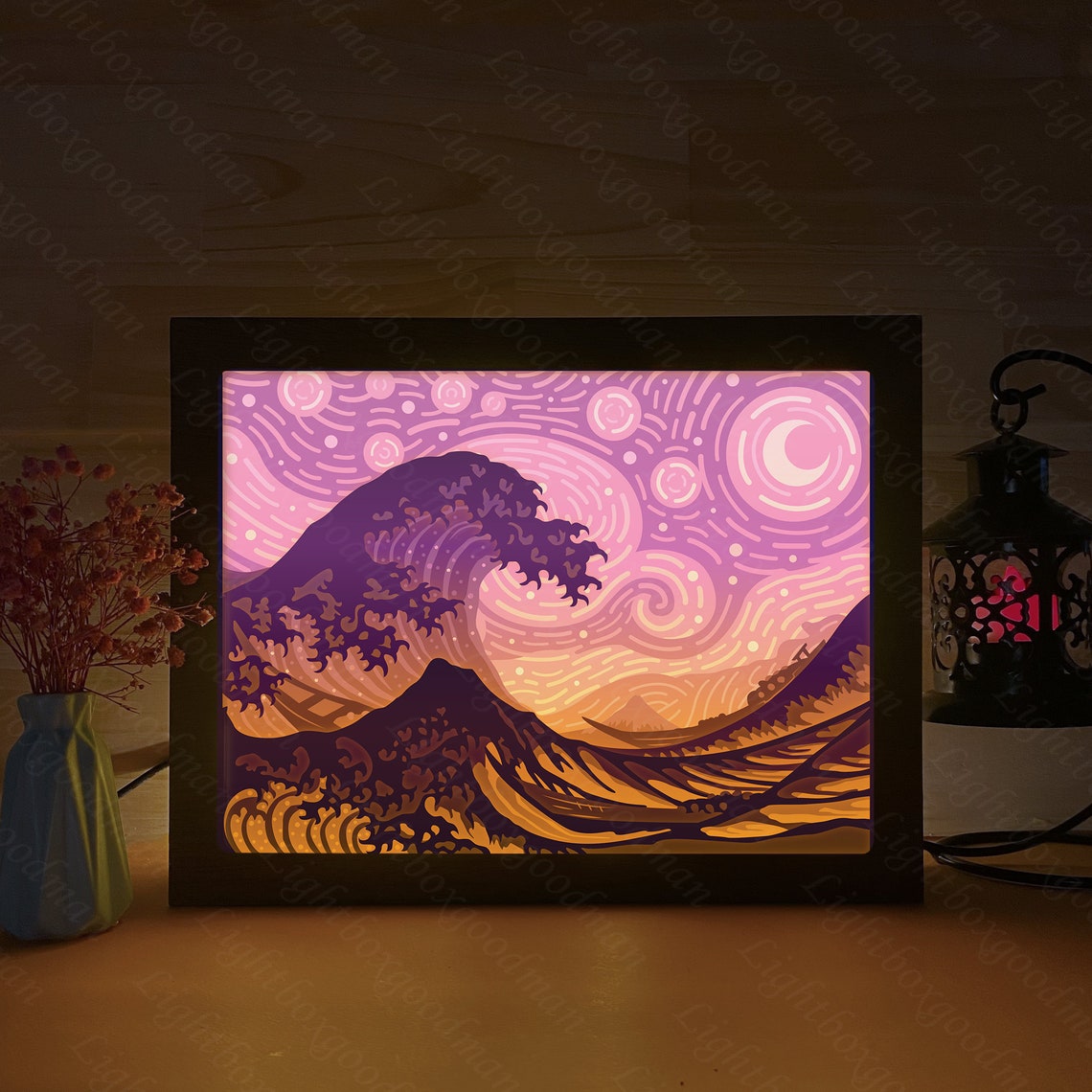 The Great Wave Paper Cut Light Box Shadow Box Night Light - Etsy