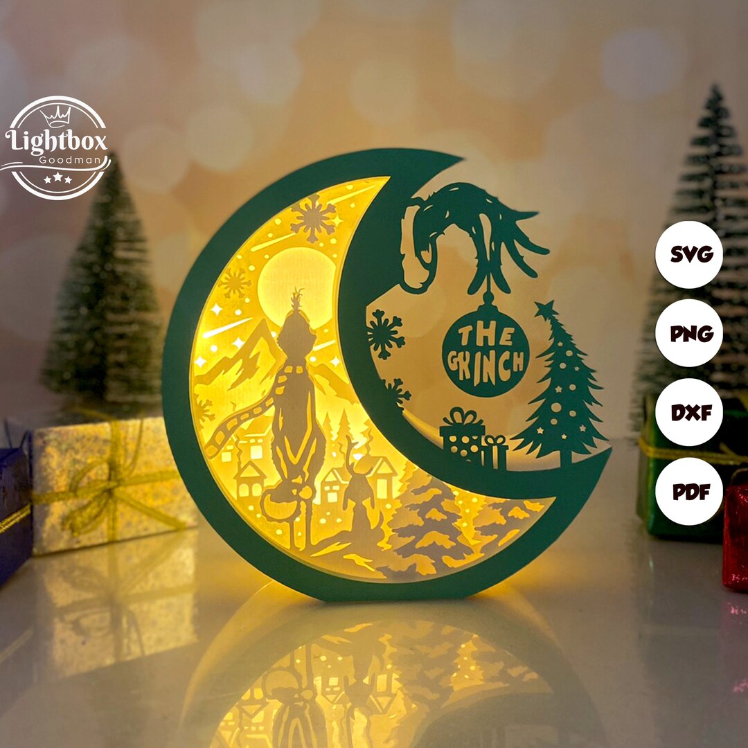 The Grinch Moon Shadow Box SVG for Cricut Projects DIY, Grinch Moon Lantern for Christmas ...