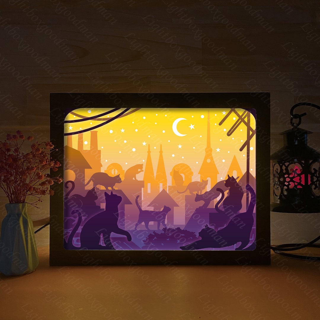 Cats in the City Shadow Box Files Paper Cut Light Box - Etsy