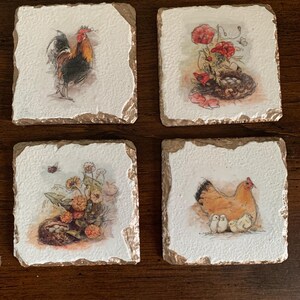 Set of 4 Handpainted and Decoupaged Hen Chicken and Cockerel Slate ...