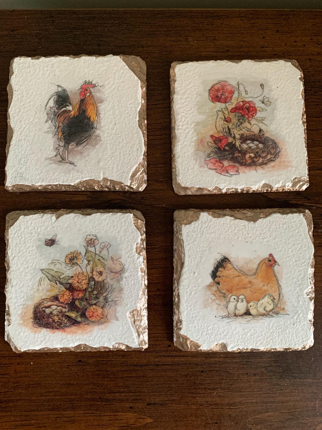 Set of 4 Handpainted and Decoupaged Hen Chicken and Cockerel Slate ...