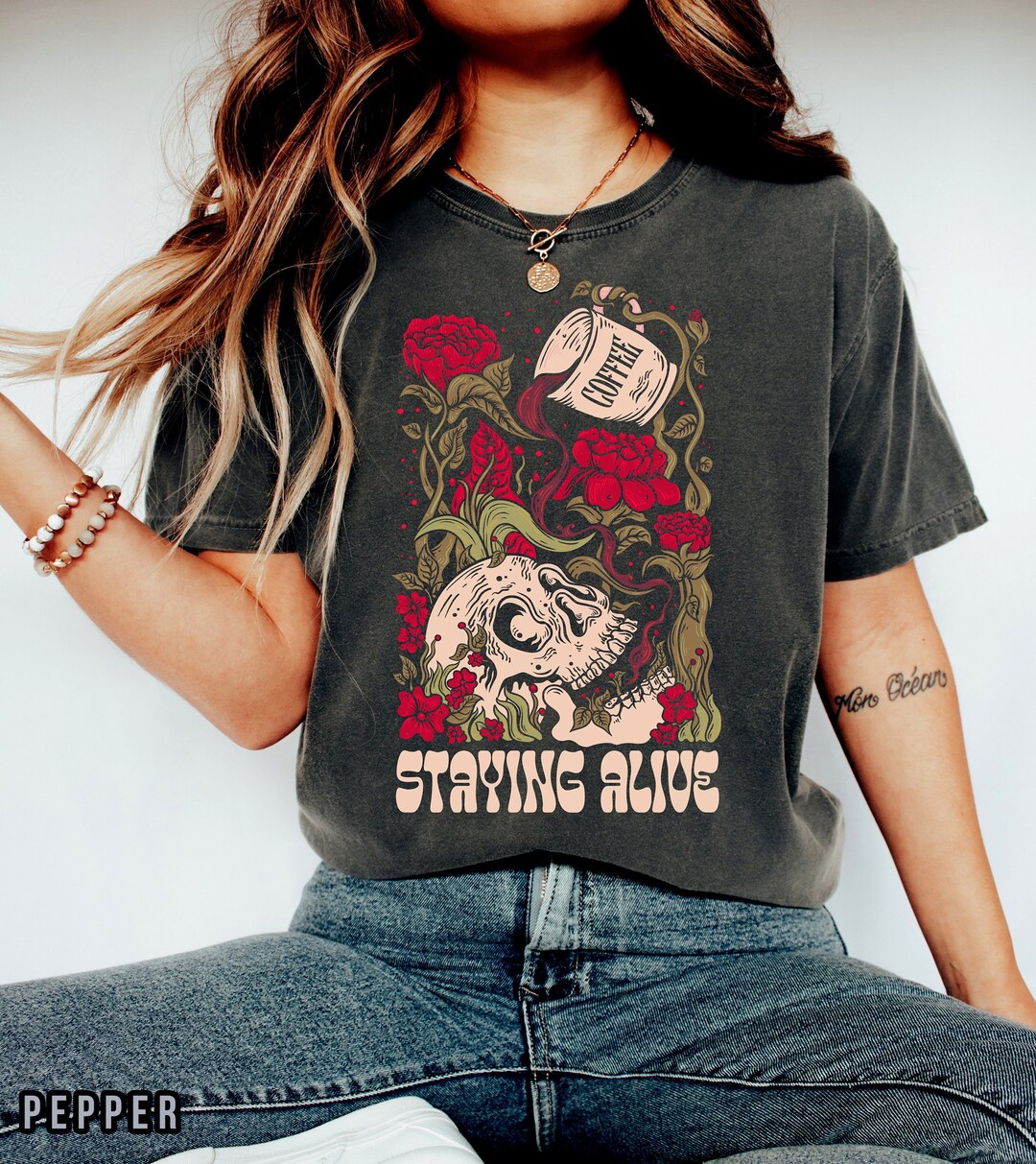 Staying Alive Shirt - Unisex Coffee T-shirt, Funny Skeleton Tee, Coffee ...