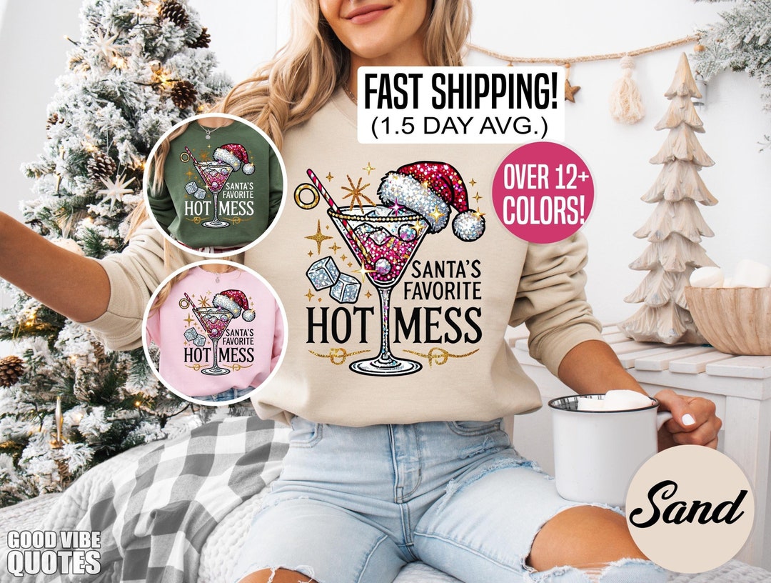 Santa's Hot Mess Sweater, Christmas Martini Hoodie, Faux Glitter ...