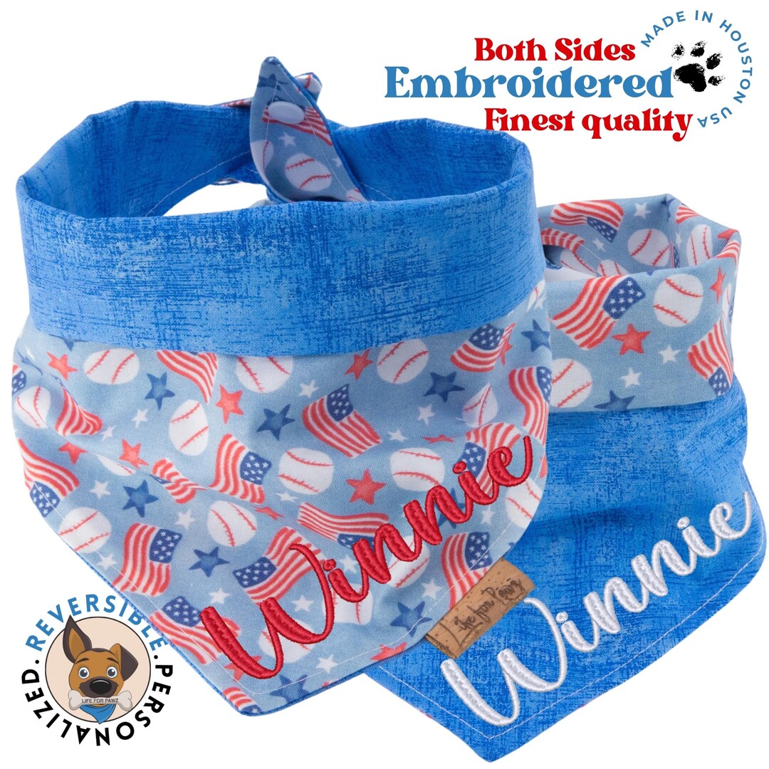 Reversible Patriotic Dog Bandana, Custom Embroidered Name Pet Scarf ...