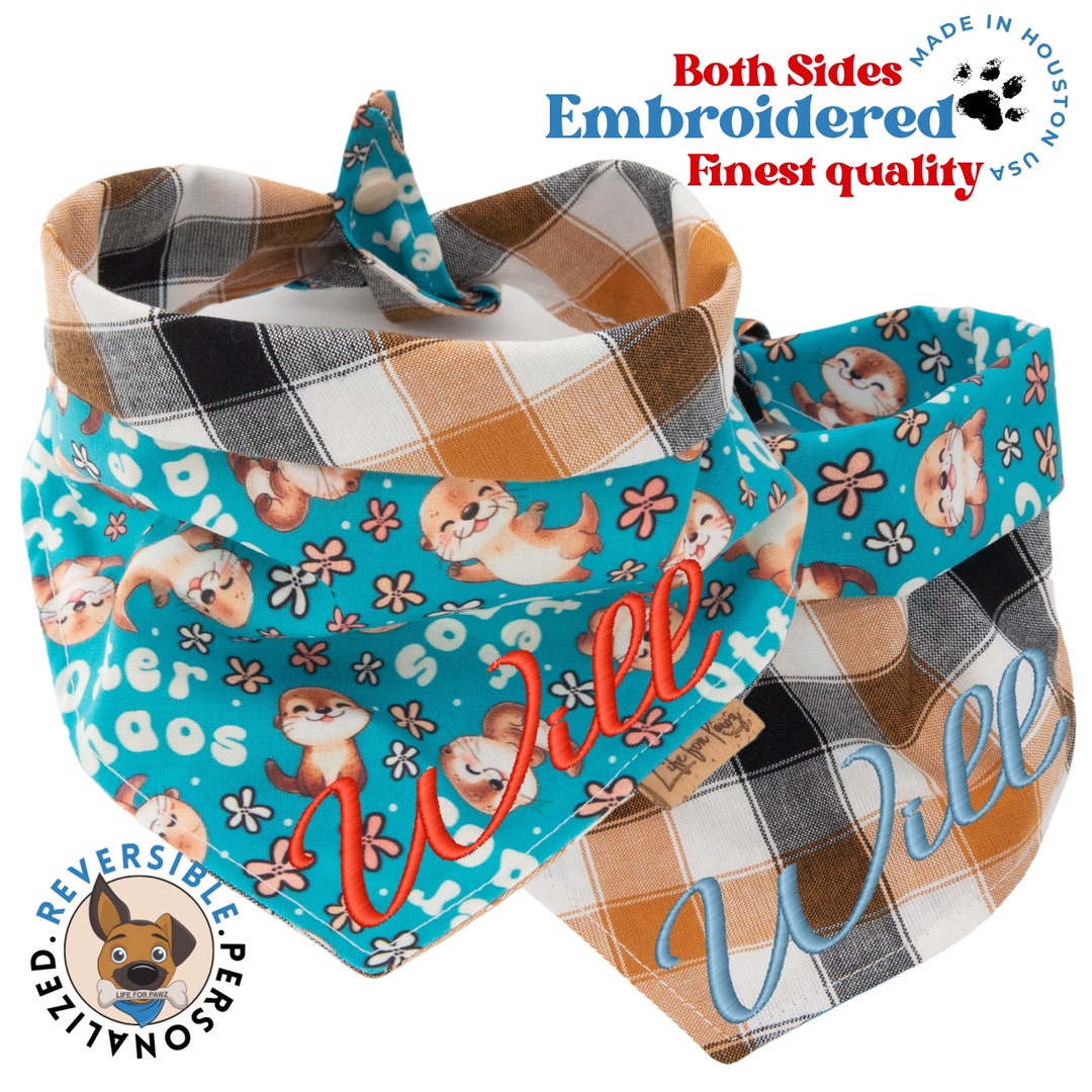 Summer Reversible Dog Bandana, Custom Embroidered Name Pet Scarf, Otter ...
