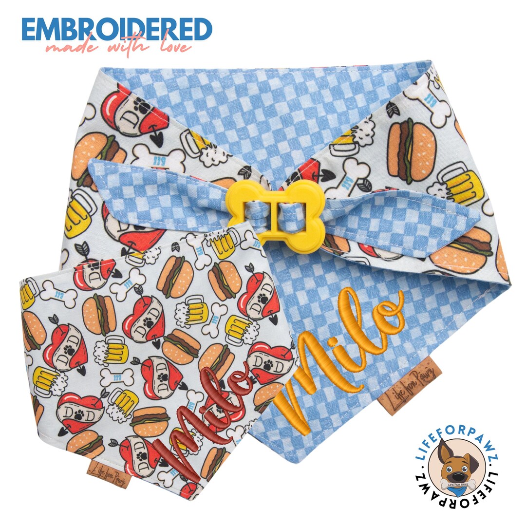 Reversible BBQ Dog Bandana: Custom Embroidered Name, Burger & Beer ...