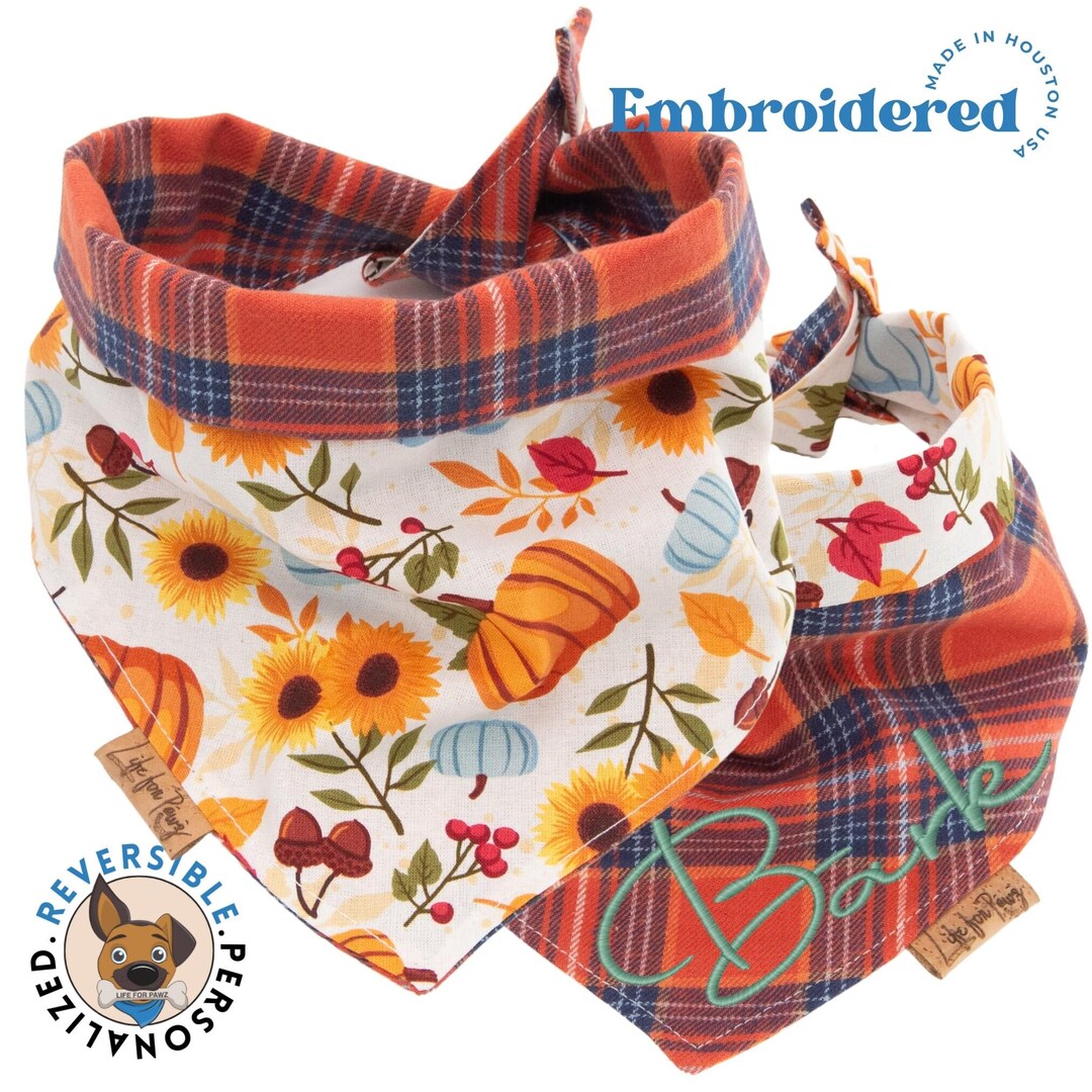 Personalized Fall Dog Bandana: Reversible Pumpkin Plaid, Embroidered ...