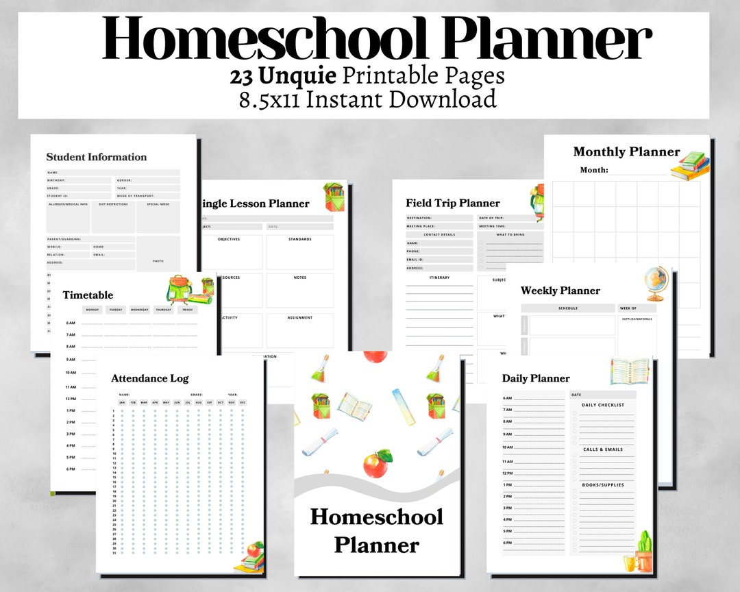 Homeschool Planner Printable, Lesson Planner, Attendance Log, Grade ...