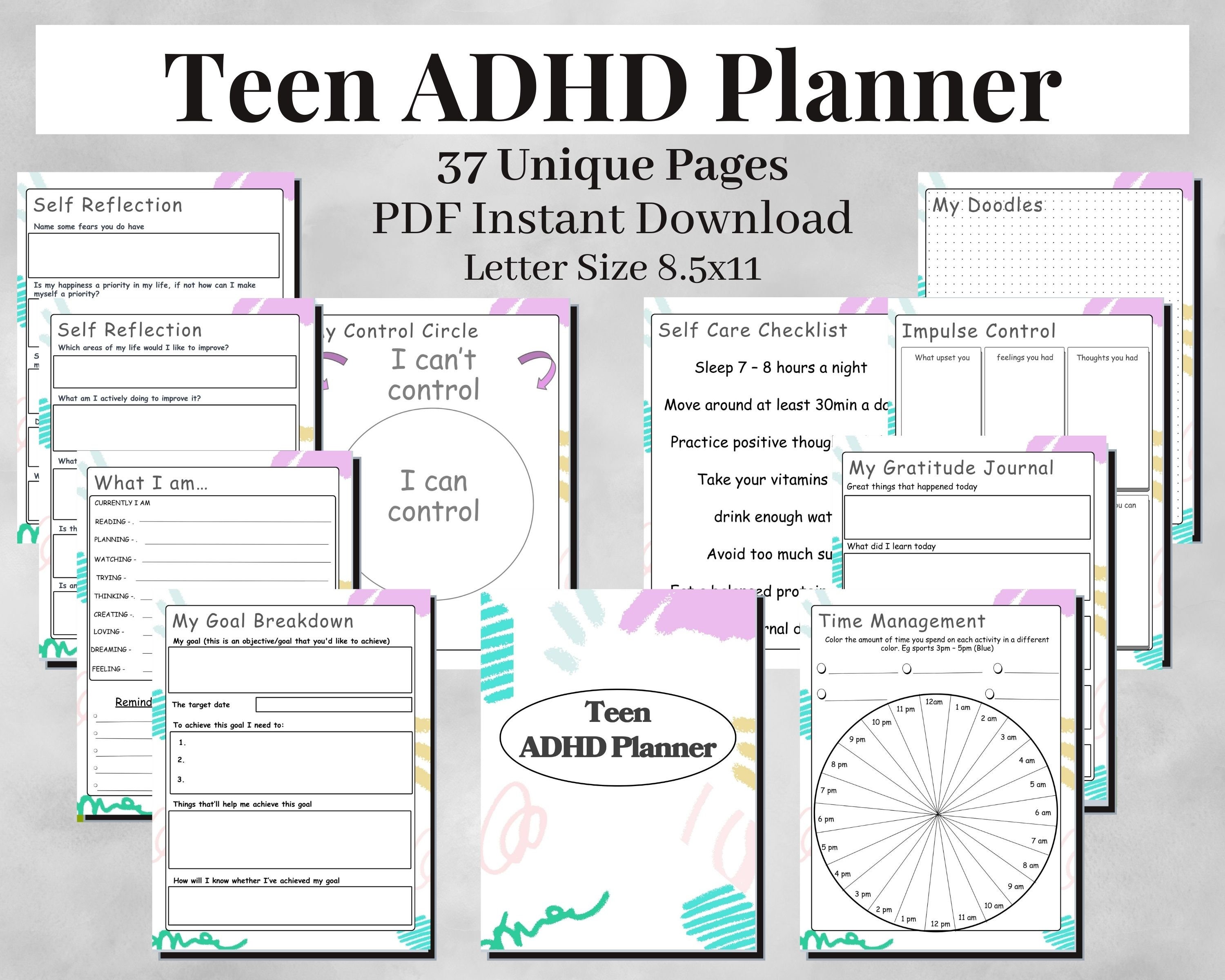 ADHD Planner for Teens: Focus & Productivity Tools (PDF Download, 8 ...