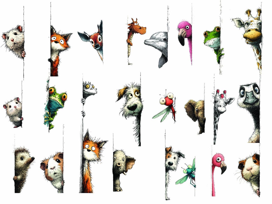 Cute Peeking Animal Clipart Bundle, Minimal Comic Style Animals PNG ...