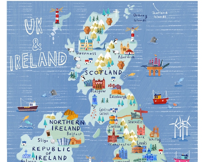 UK Illustrated Map-giclee Print. UK Illustrated Map. UK Poster Art. Uk ...