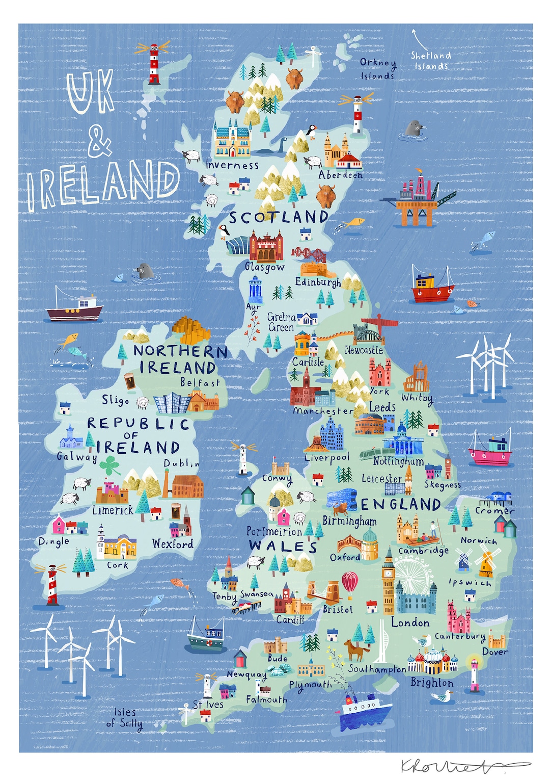 UK Illustrated Map-giclee Print. UK Illustrated Map. UK Poster Art. Uk ...