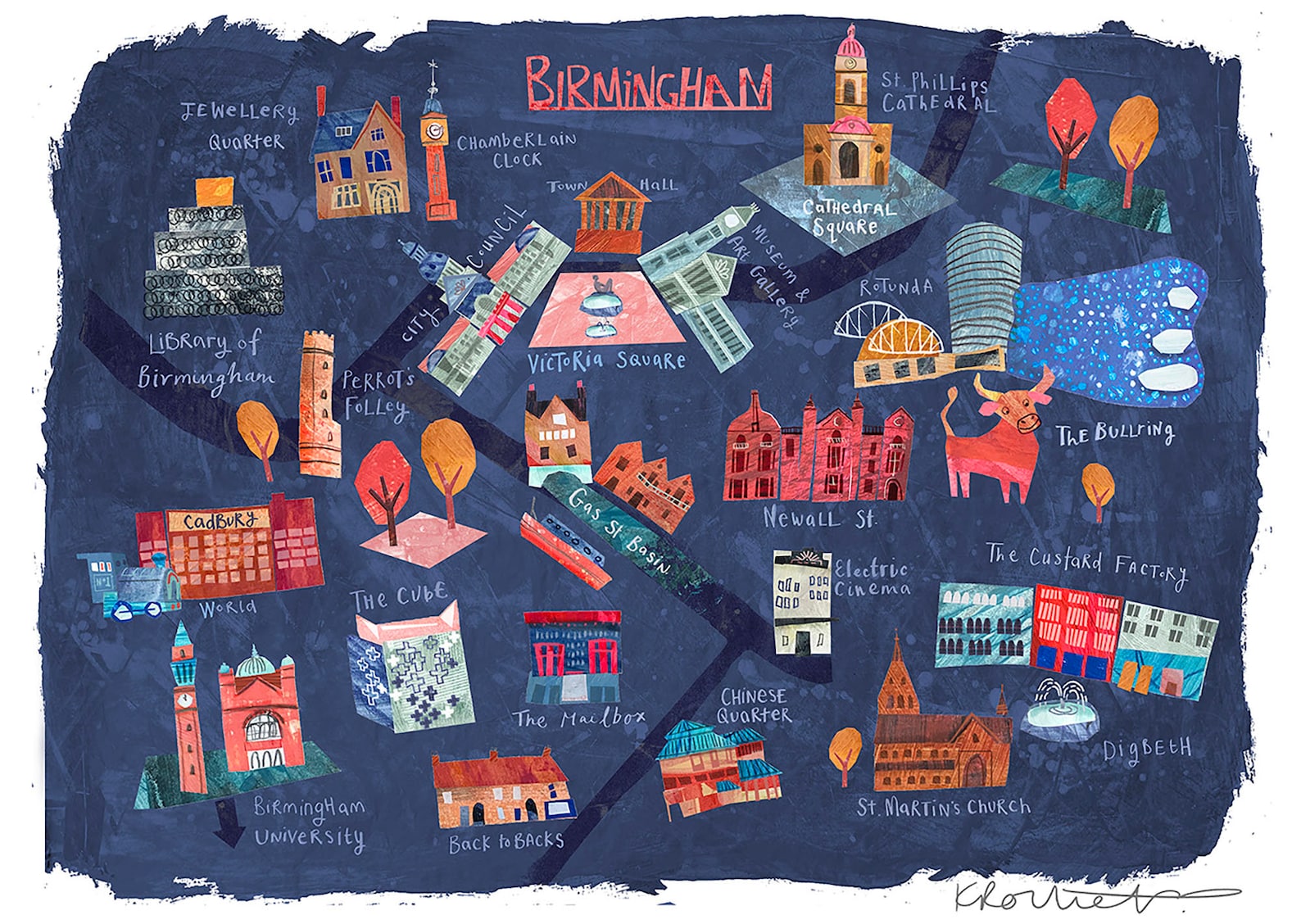 Birmingham Illustrated Map-giclee Print Illustrated Map Birmingham Wall ...