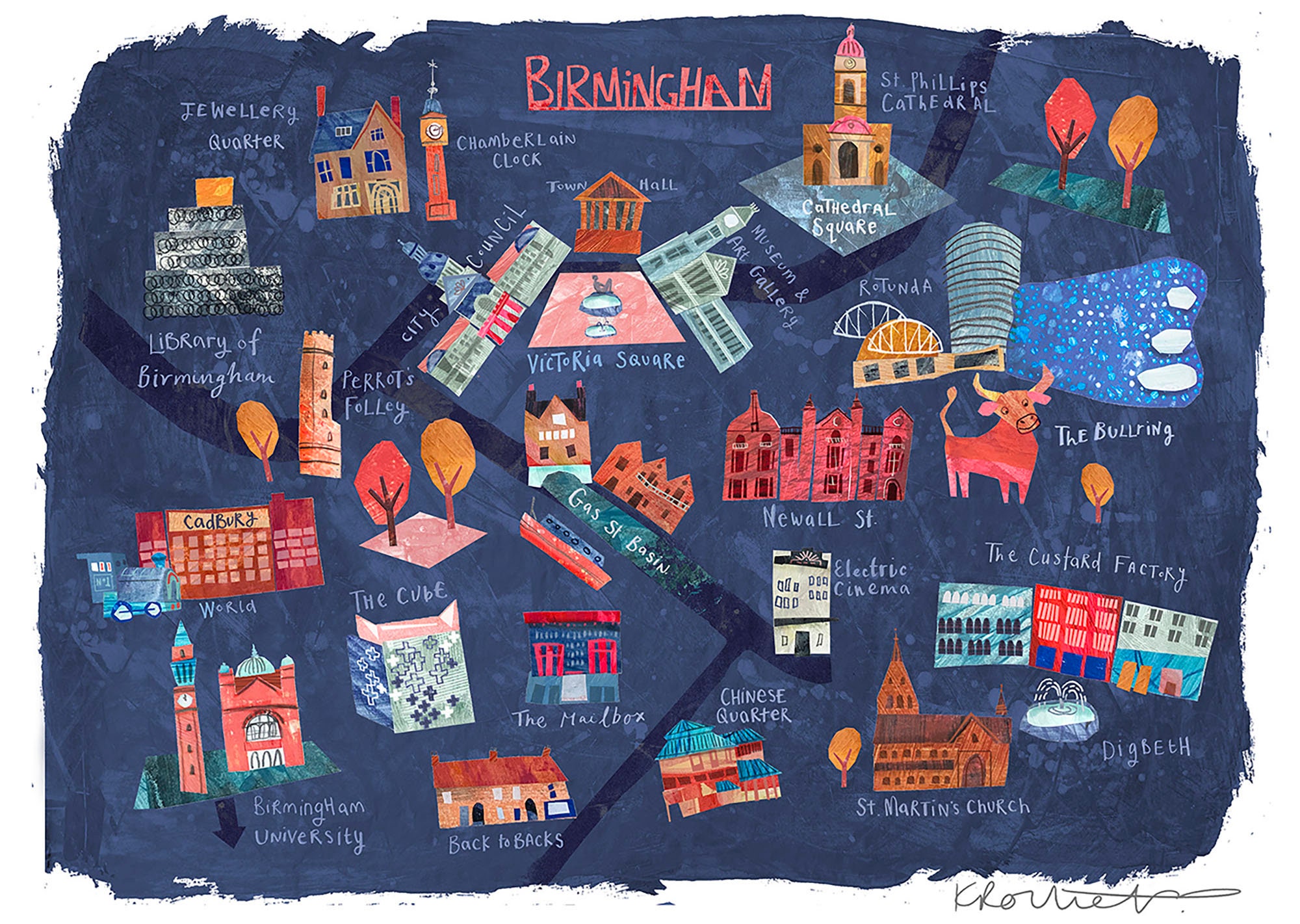 Birmingham Illustrated Map-giclee Print Illustrated Map Birmingham Wall ...