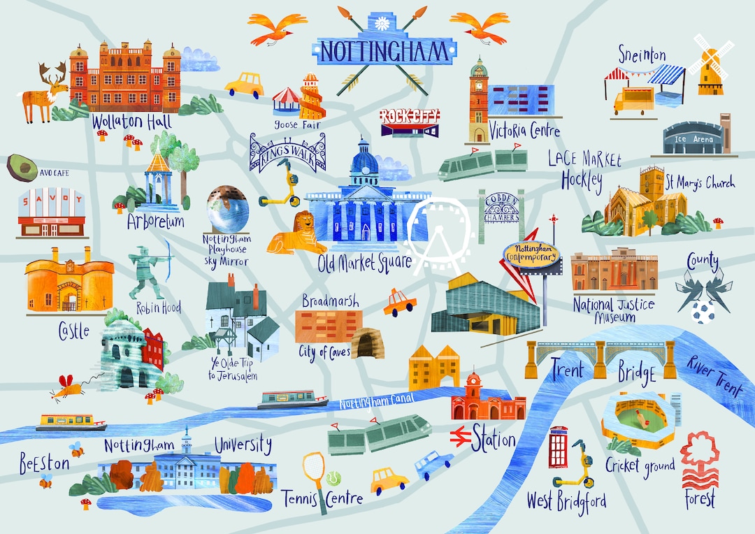 Nottingham Illustrated Map-giclee Print Illustrated Map Nottingham Art ...