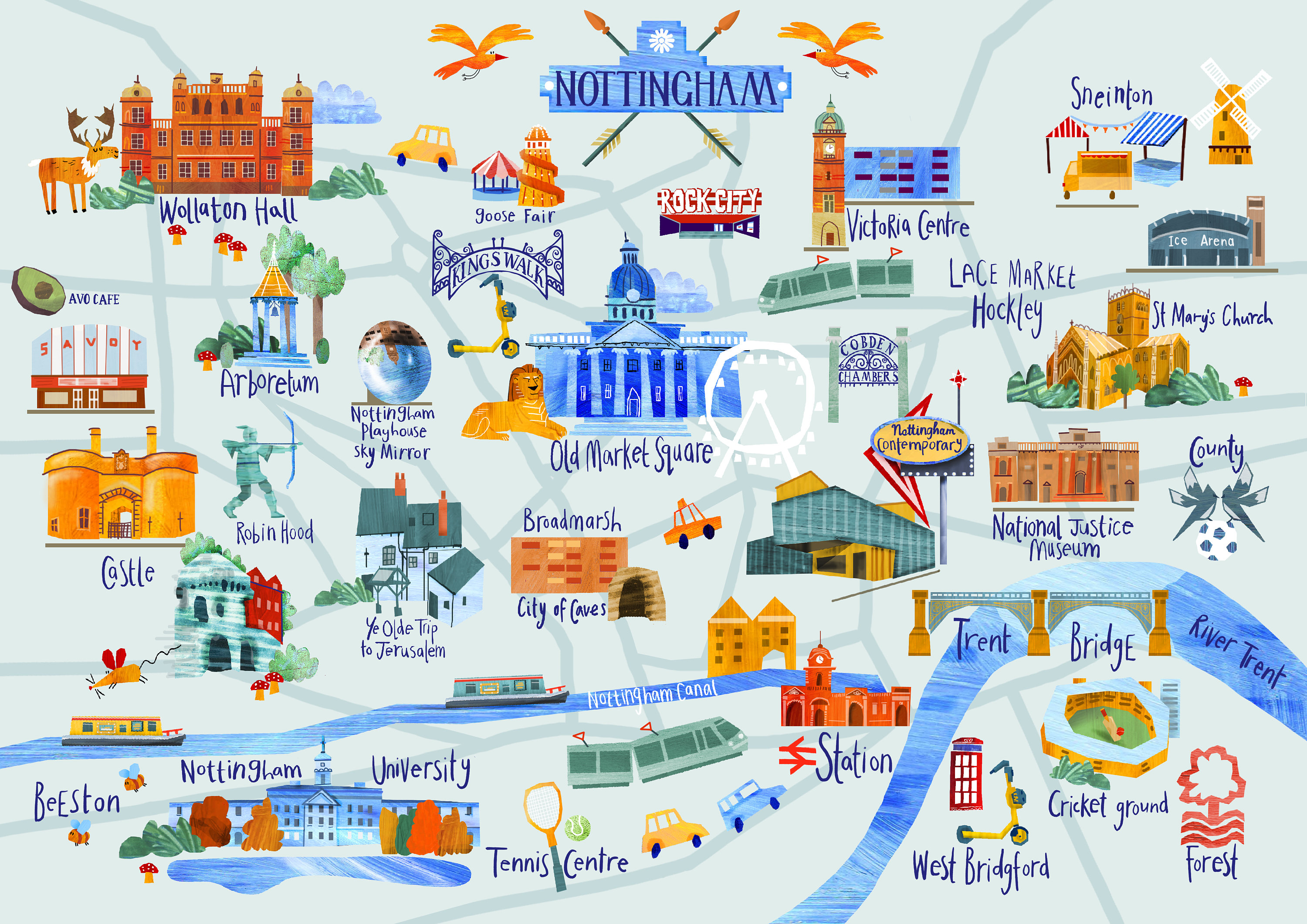 Nottingham Illustrated Map-giclee Print Illustrated Map Nottingham Art ...