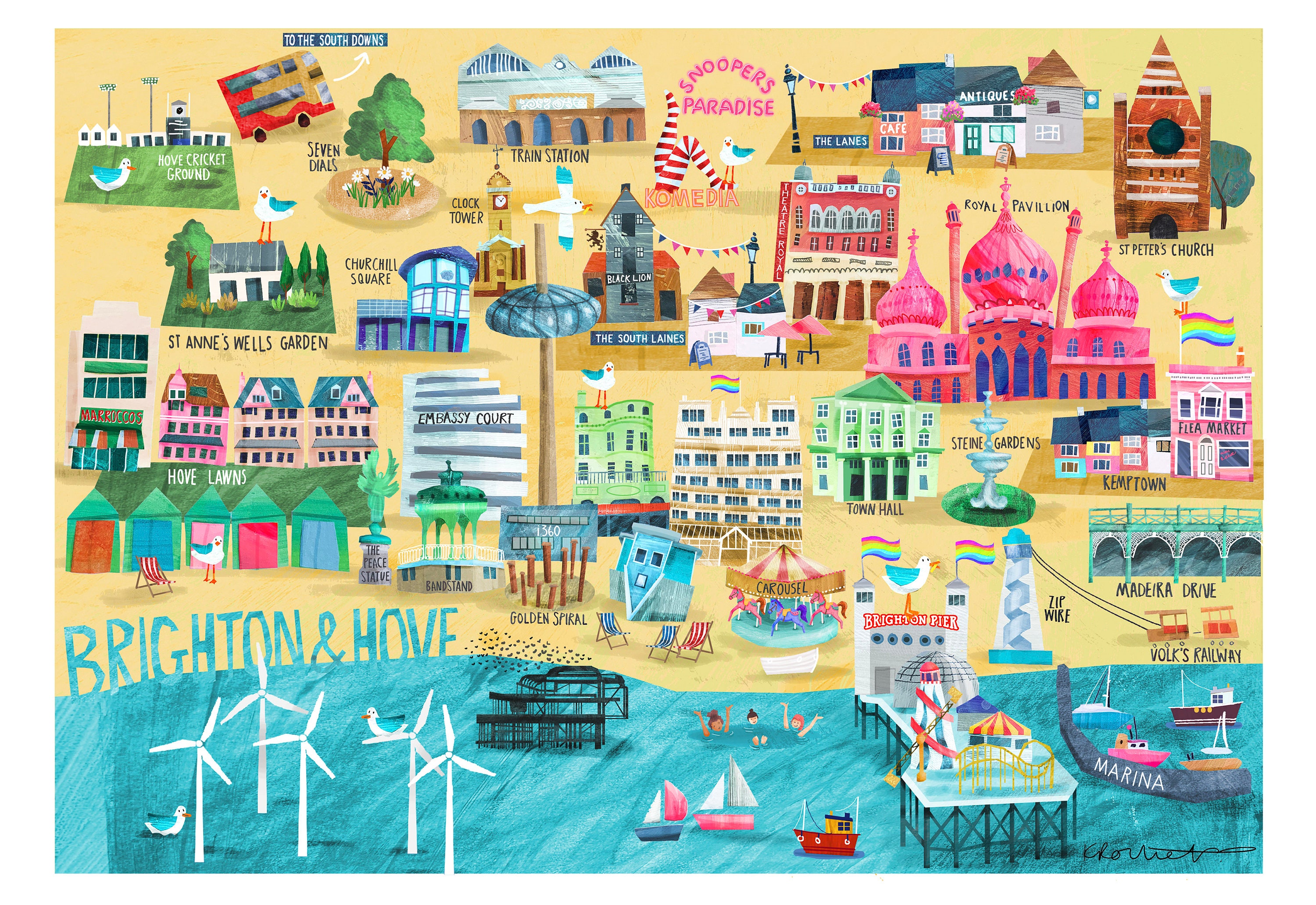 Brighton and Hove Illustrated Map: Giclee Wall Art Print - Etsy