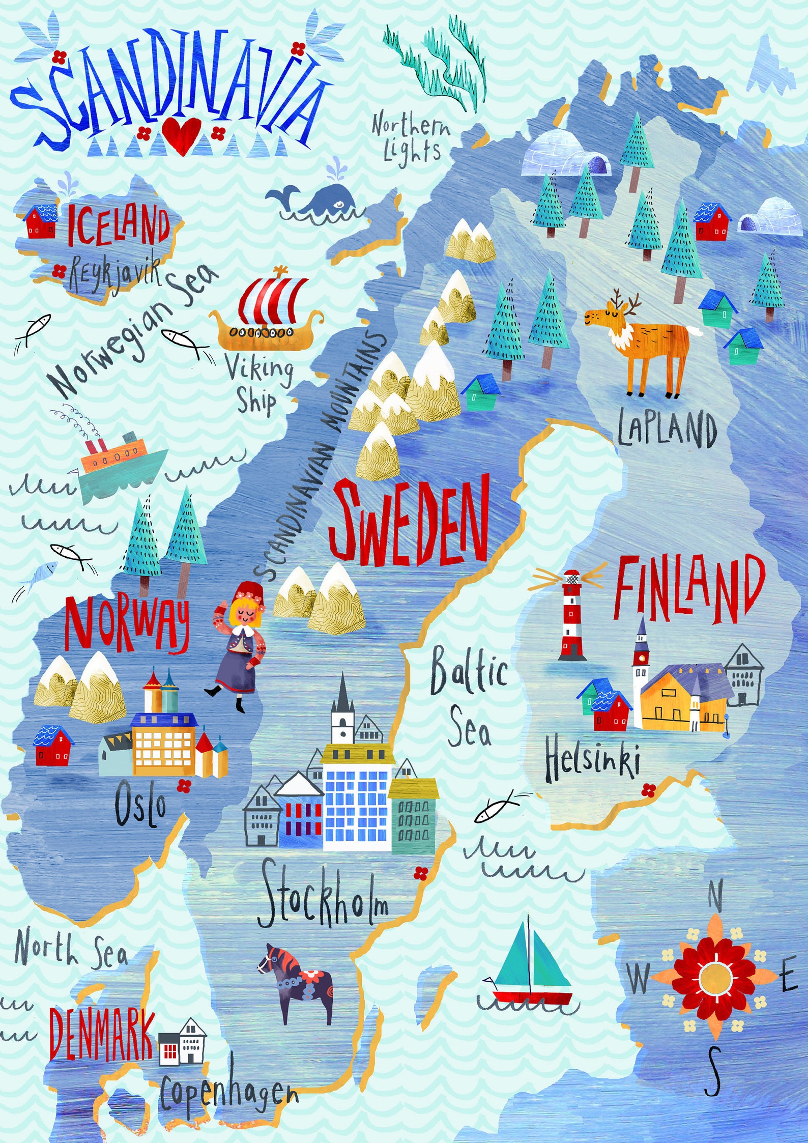 Scandinavia Illustrated Map Art Print: Nordic Countries Giclee - Etsy