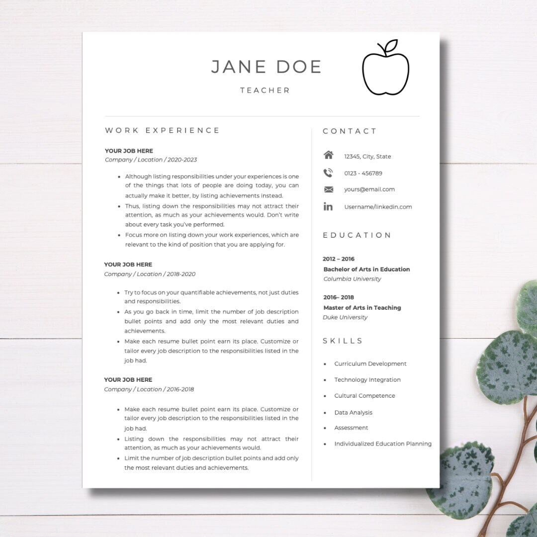 Teacher Resume Template for Google Docs, Microsoft Word, Pages ...