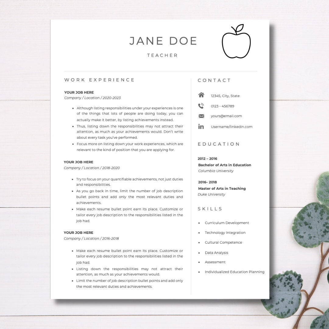 Teacher Resume Template for Google Docs, Microsoft Word, Pages ...
