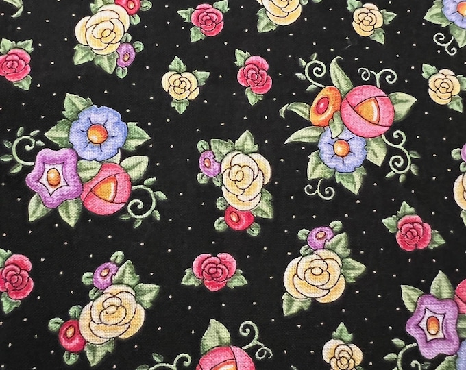 FAT QUARTER Mary Engelbreit Rose Flowers on Black Cotton Quilt Fabric ...