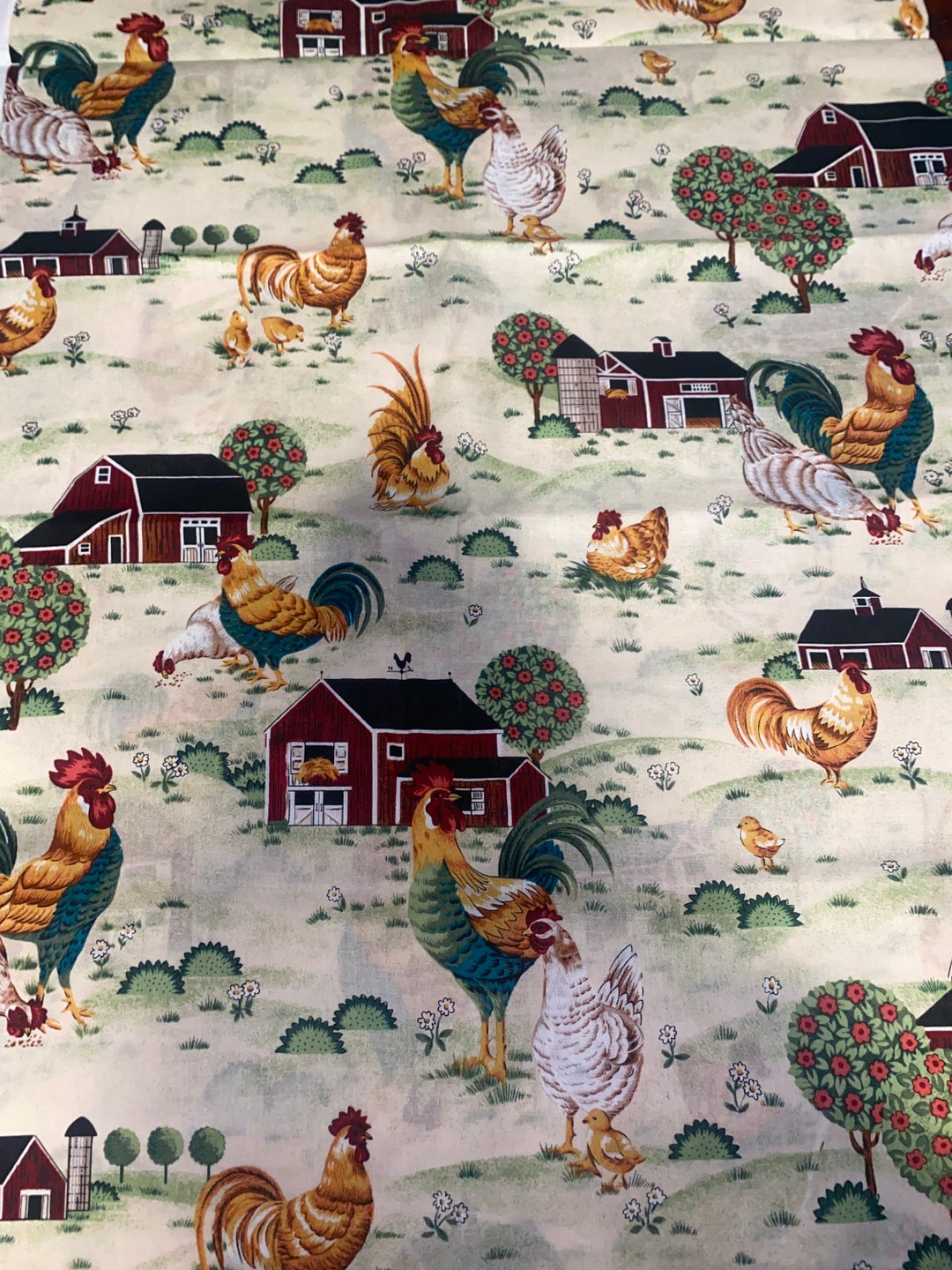 1/2 Yd Vintage “early Riser” Rooster & Farm Print Cotton Fabric - Etsy