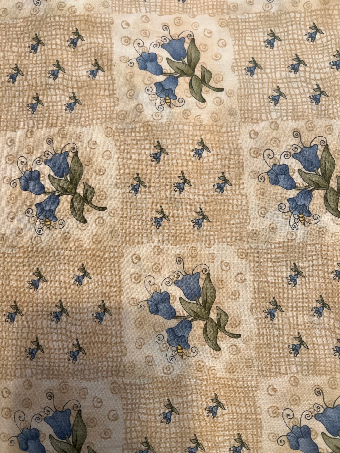 1/2 Yd Vintage Debbie Mumm Blue Flowers Floral Print Cotton Fabric for ...