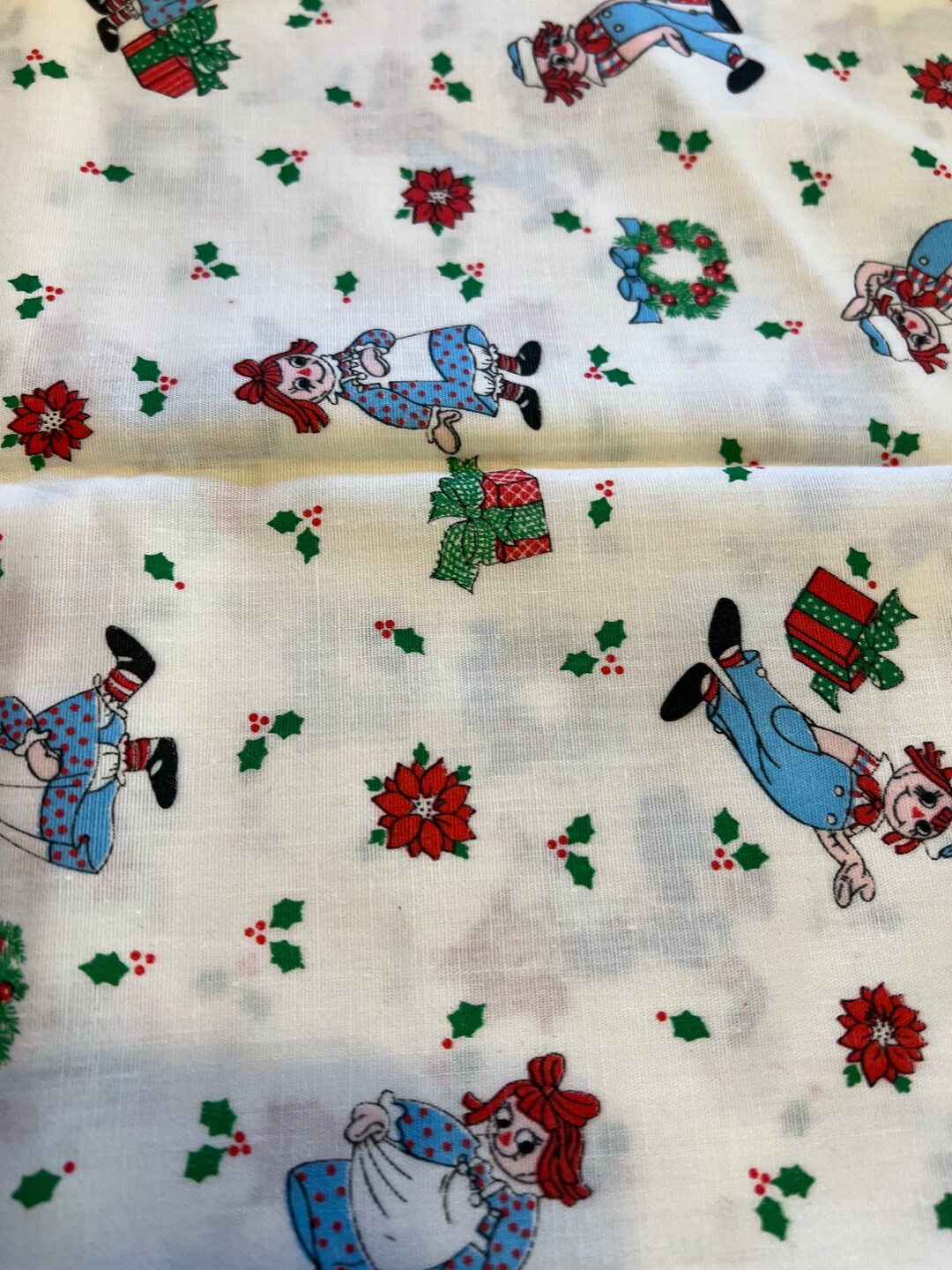 Vintage 1978 Fat Quarter Raggedy Ann & Andy Christmas Print Lightweight ...