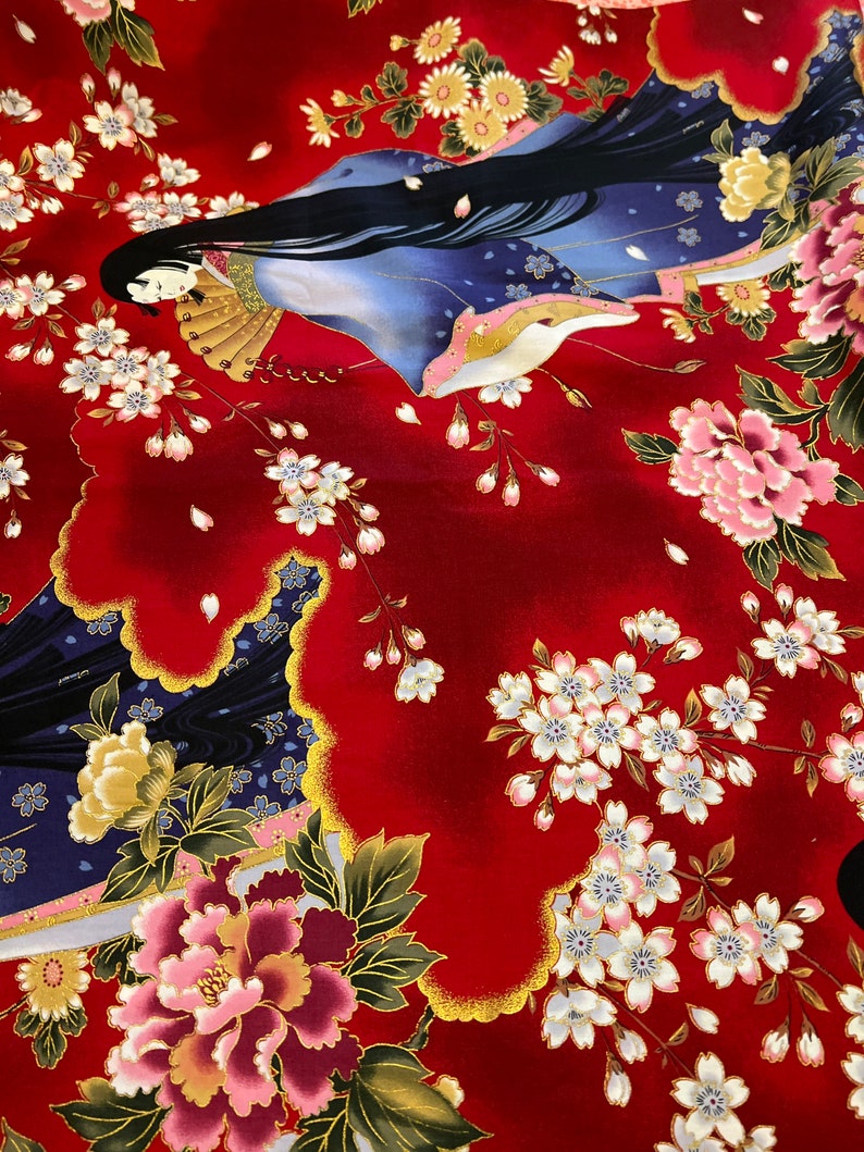 35 Allover Metallic Asian Large Geisha Print Cotton Fabric by - Etsy