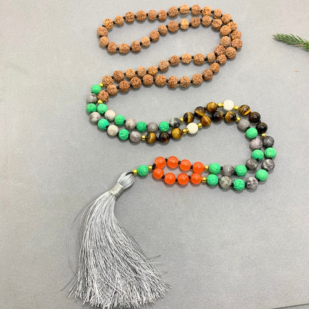 Rudraksha Mala / Lava, Howlite, Lepidolit und Tigerauge / 108 japa mala ...