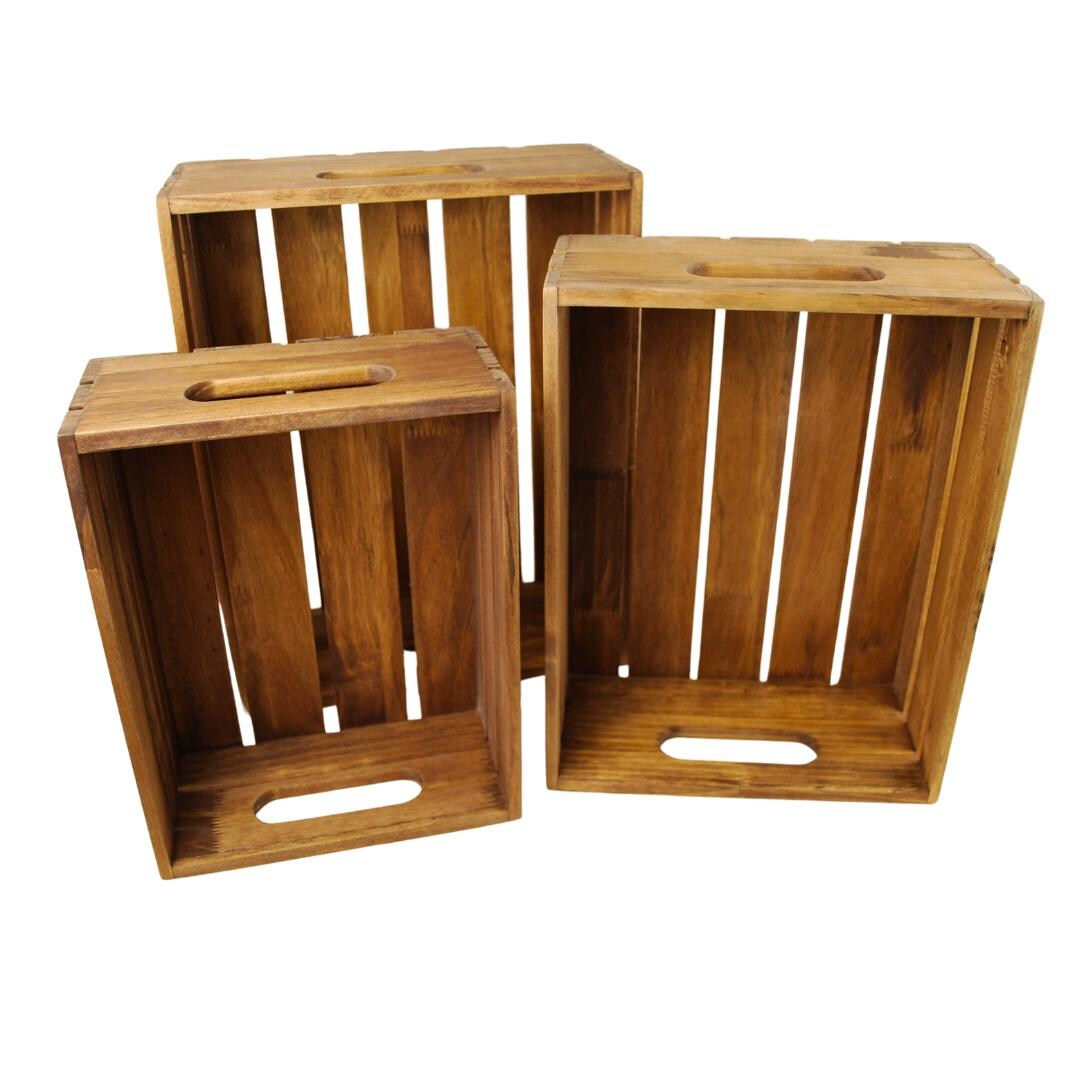 3-piece Pine Wood Crate Set – Dark Stained Wooden Storage Bins With ...