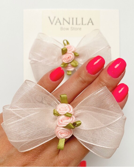 Light pink sheer bow with mini satin roses. Pigtails. Pink | Etsy