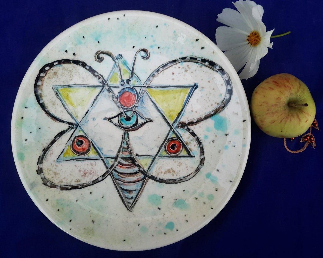 Hand Painted Glazed Ceramic Art Plate, the Illuminati Bee, Honey Bee ...