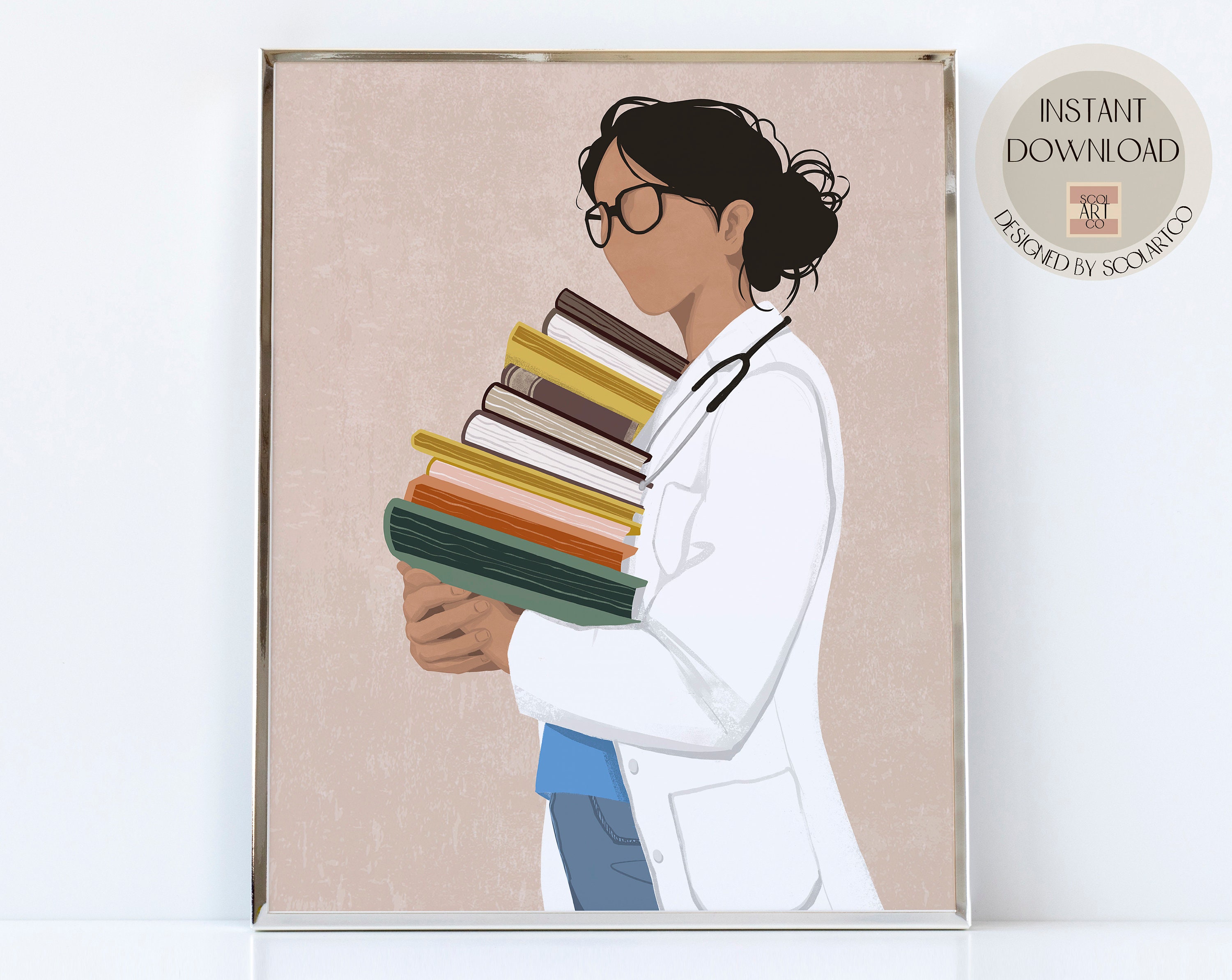 Printable Female Doctor Holding the Books Art, Book Lover Gift, Boho ...
