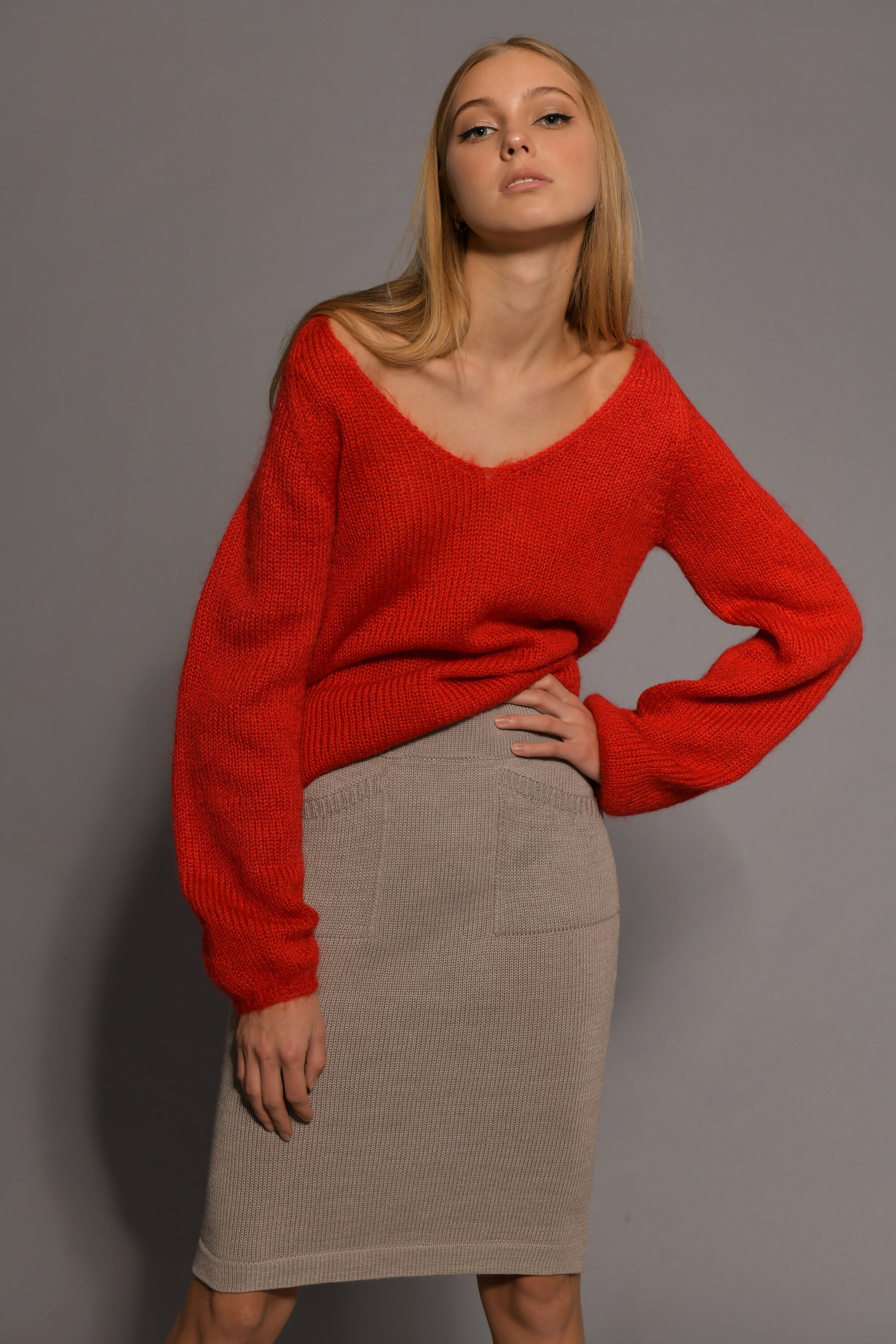 Red Mohair Oversized Sweater, Fluffy Bright Red Hand Knitted Sweater ...