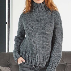 Wool Sweater Dark Gray High Neck Warm Chunky Knit Pullover Womens Cozy ...