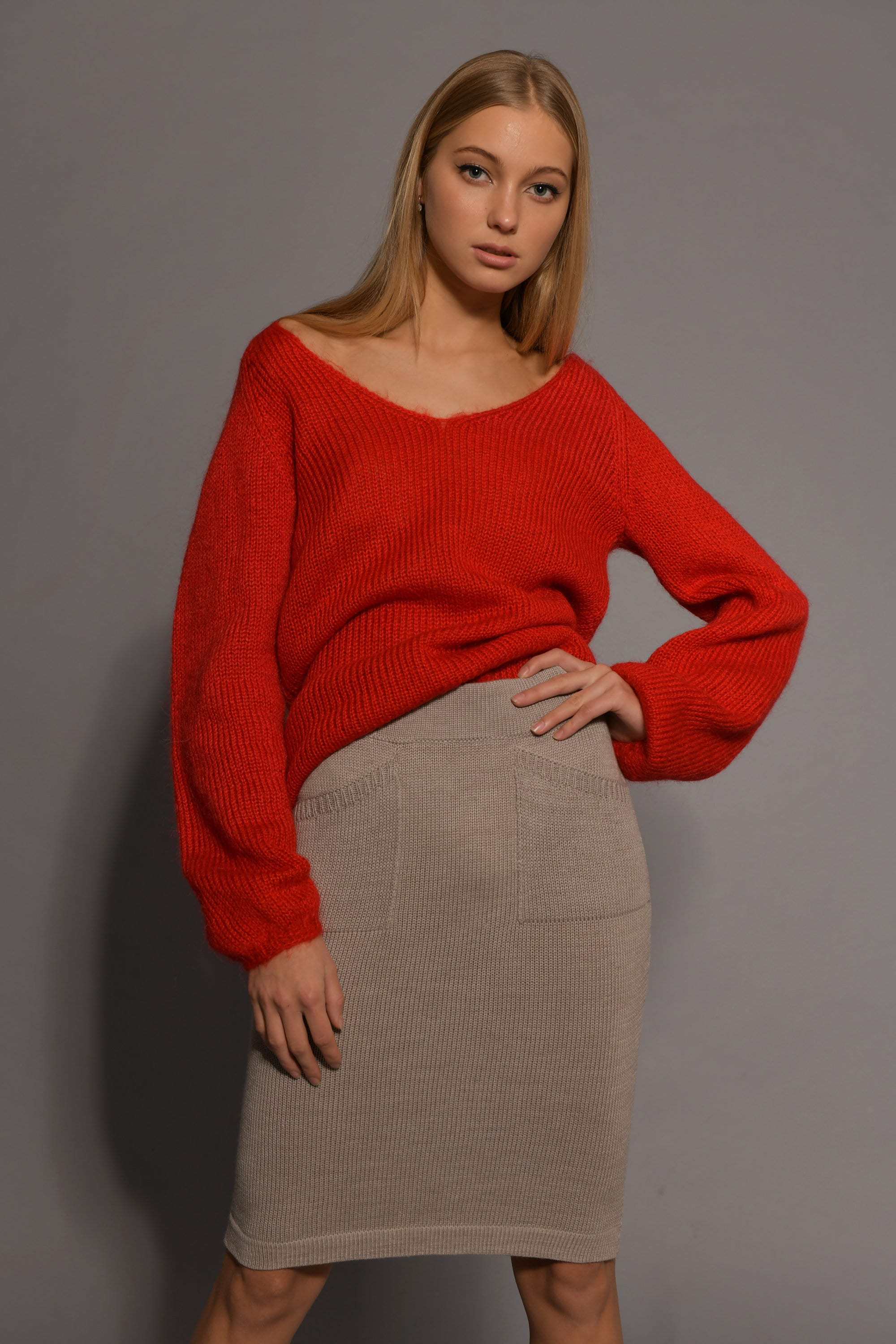 Red Mohair Oversized Sweater, Fluffy Bright Red Hand Knitted Sweater ...