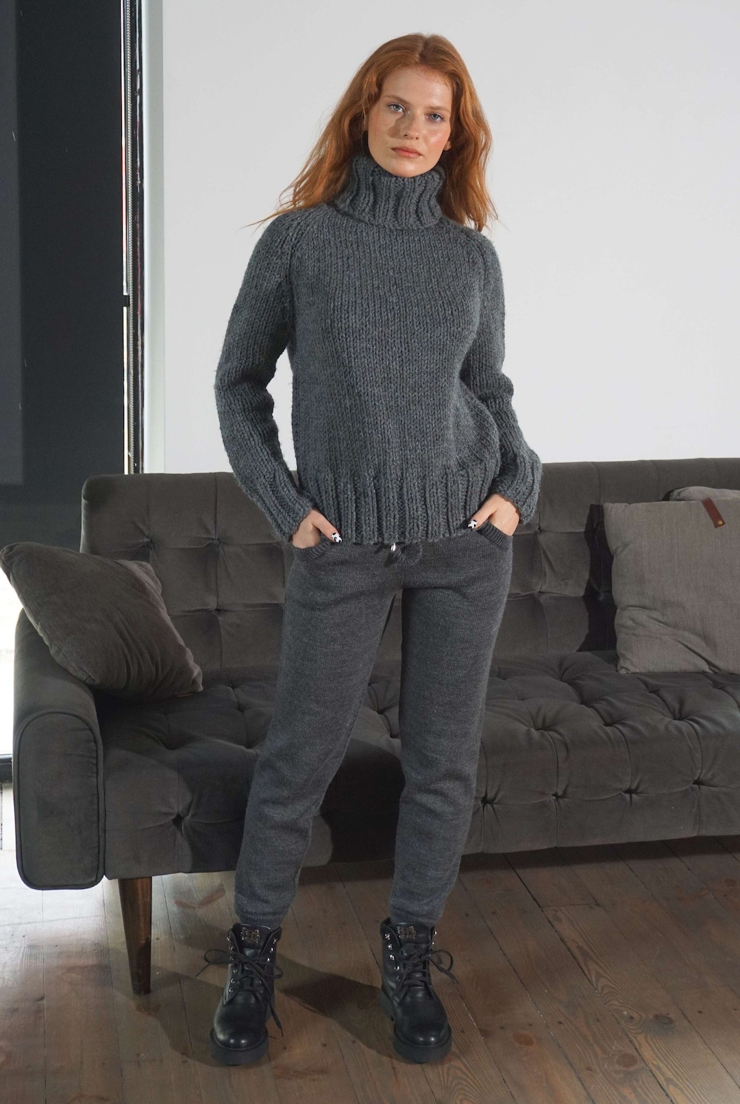 Wool Sweater Dark Gray High Neck Warm Chunky Knit Pullover Womens Cozy ...