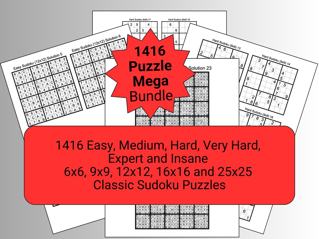 1416 Mega Bundle Sudoku Puzzles, Easy to Insane, 6x6, 9x9, 12x12, 16x16 ...