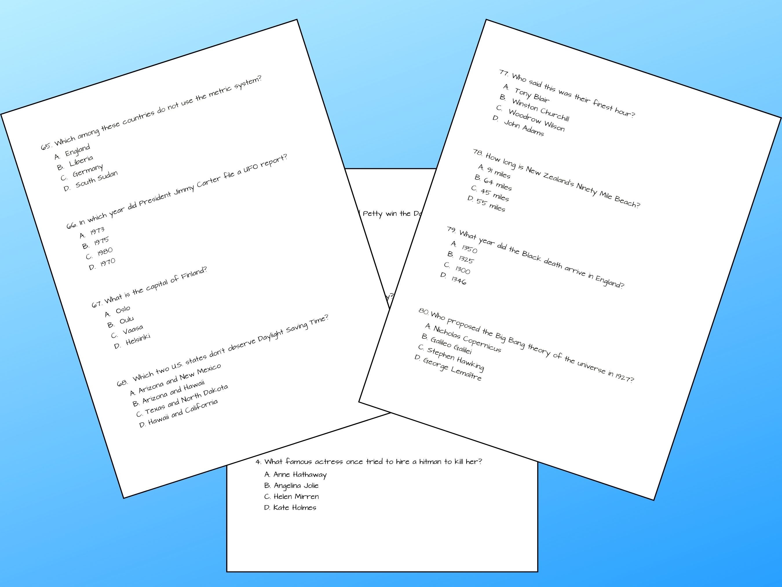 Trivia Quiz: 200 Multiple Choice Questions for Adults (PDF Download) - Etsy