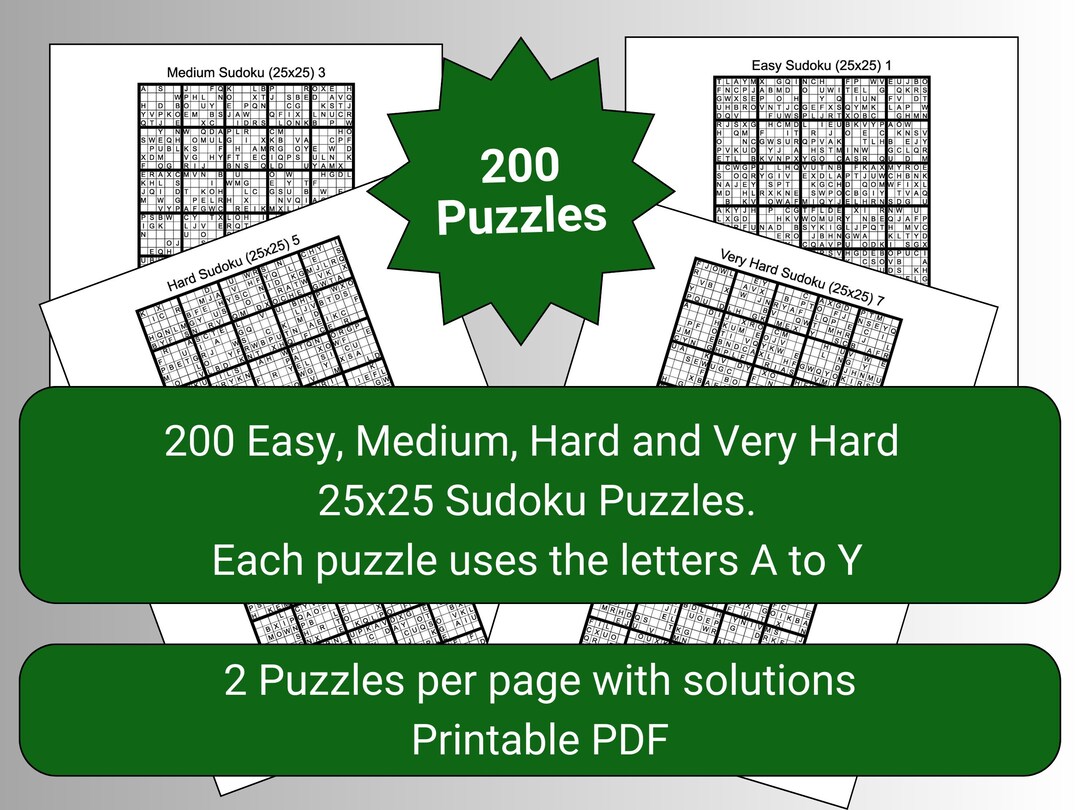 200 Classic 25x25 Letter Sudoku Puzzles – Easy to Very Hard | Instant ...