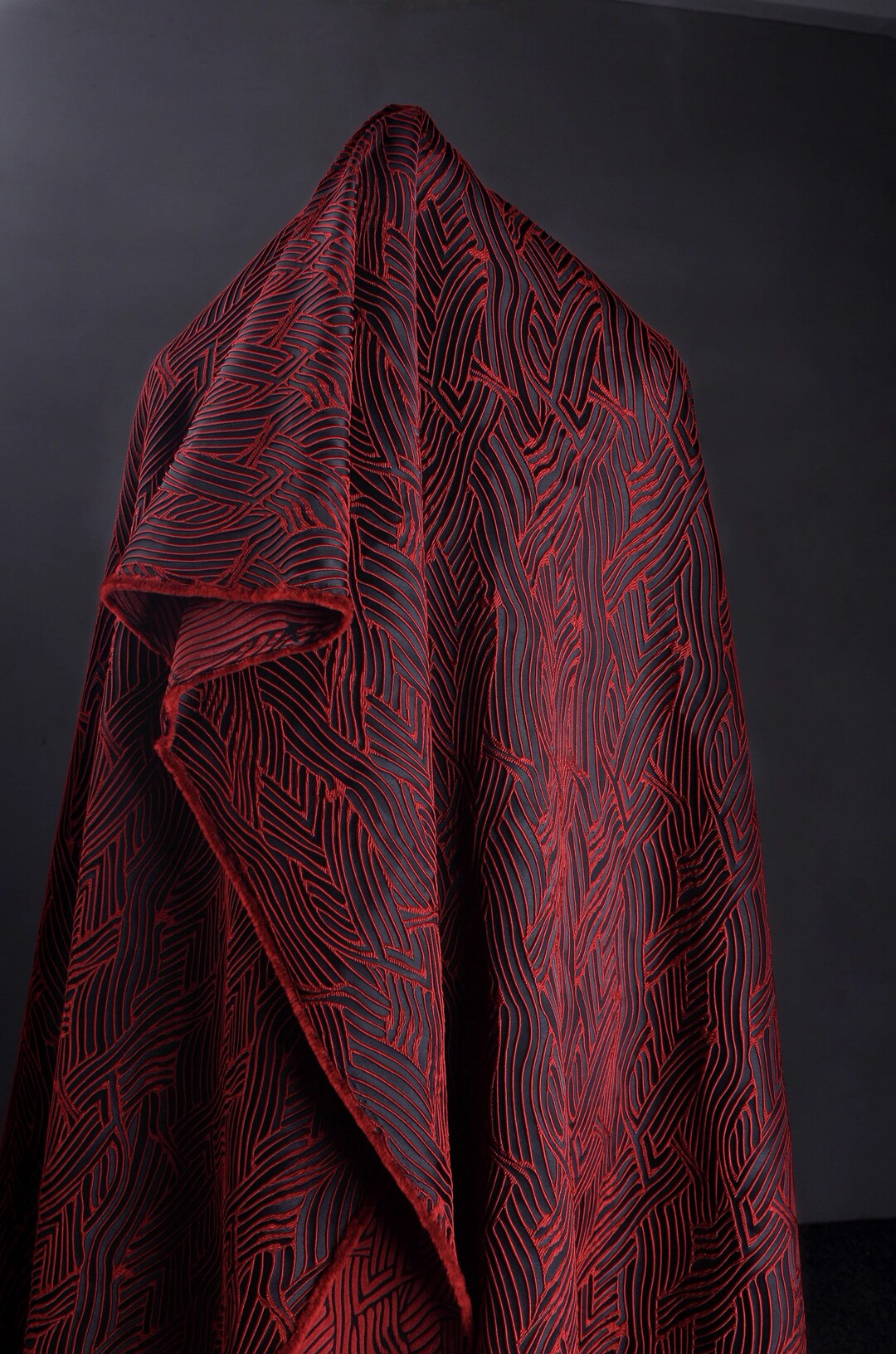 Red Black Jacquard Fabric, Pure Polyester Fabric, Abstract Line Pattern ...