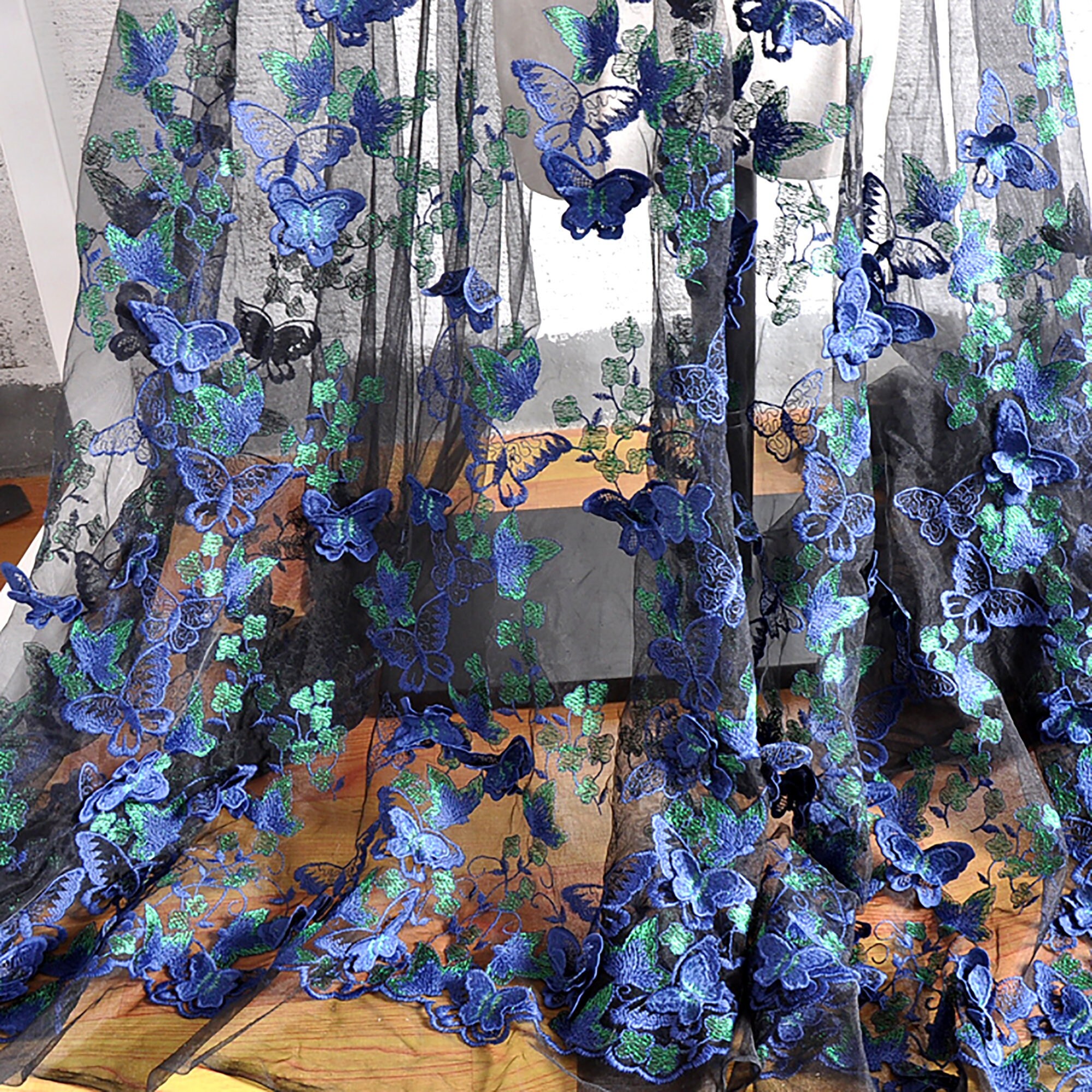 Embroidered Lace Fabric Blue Butterfly Fabric 3D Flower - Etsy