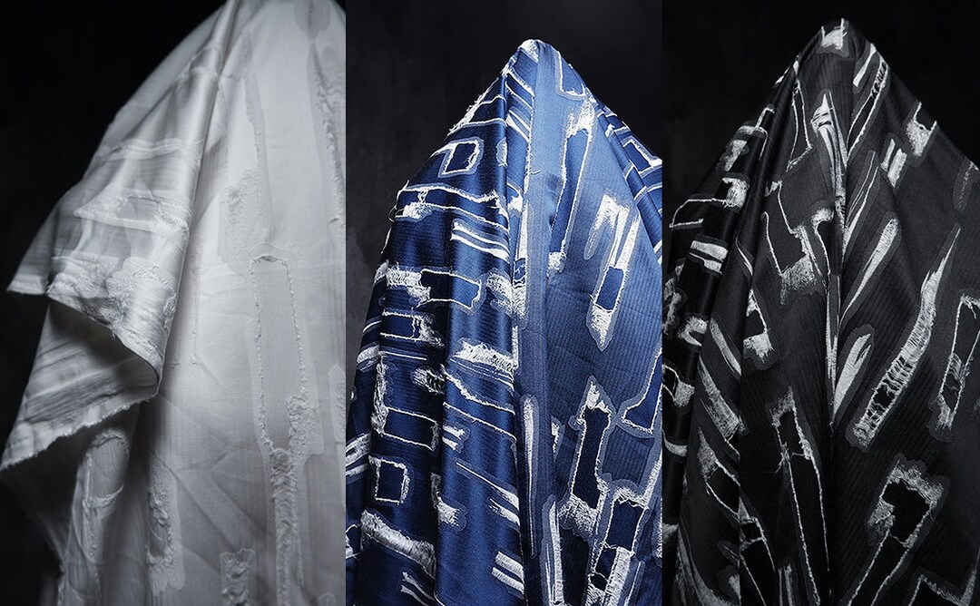 Denim Fabrics, Blue Jacquard Texture Fabric, Black Irregular Ragged ...