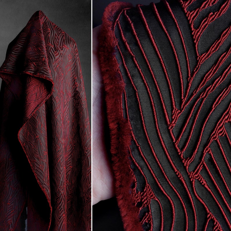 Red Black Jacquard Fabric, Pure Polyester Fabric, Abstract Line Pattern ...
