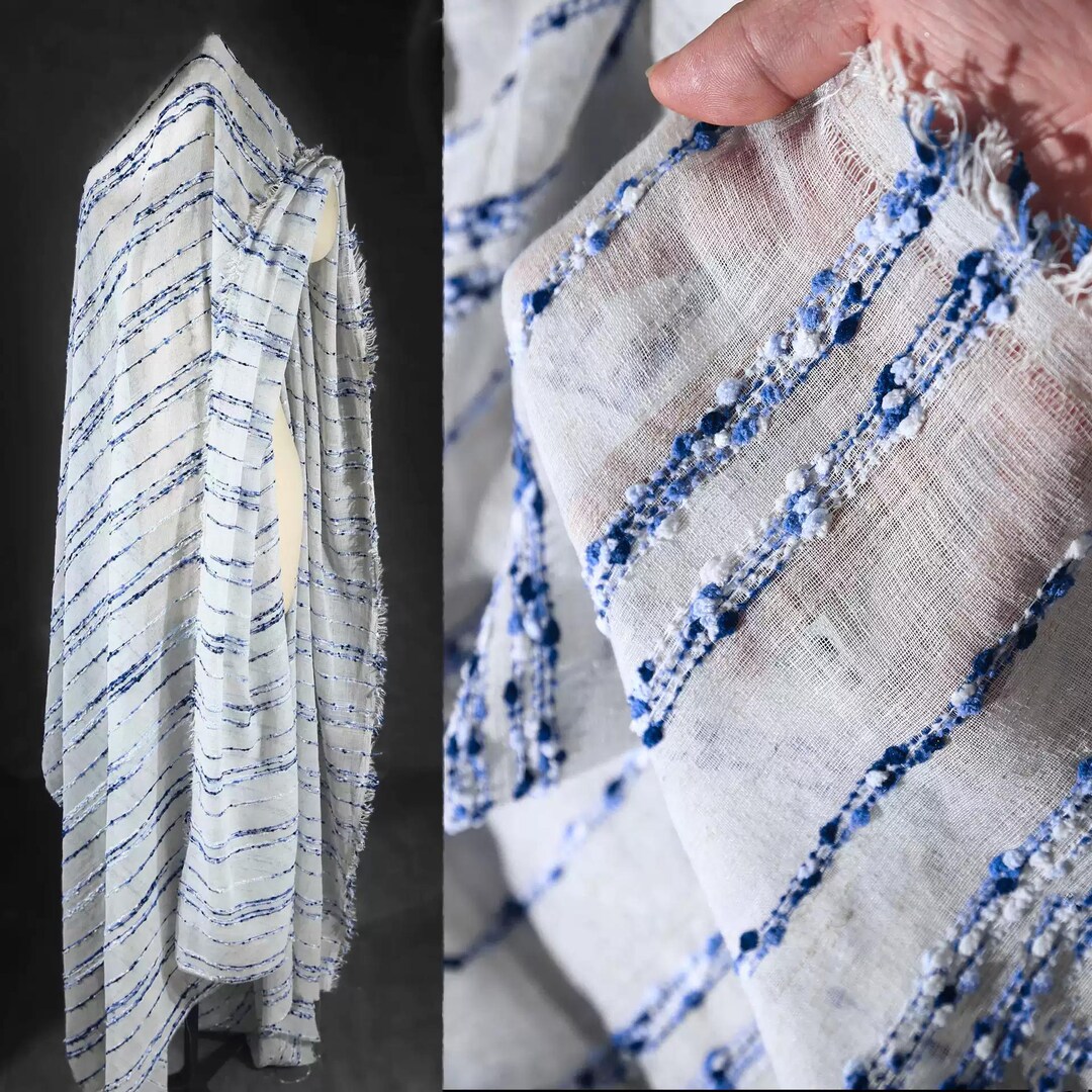 Jacquard Fabric, Grainy Striped Fabric, Blue and White Fabric, Cotton ...