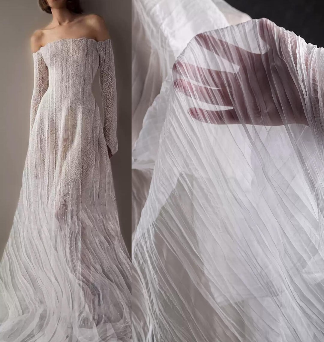 Tela de crepé plisada texturizada de tencel blanco, tela transparente ...