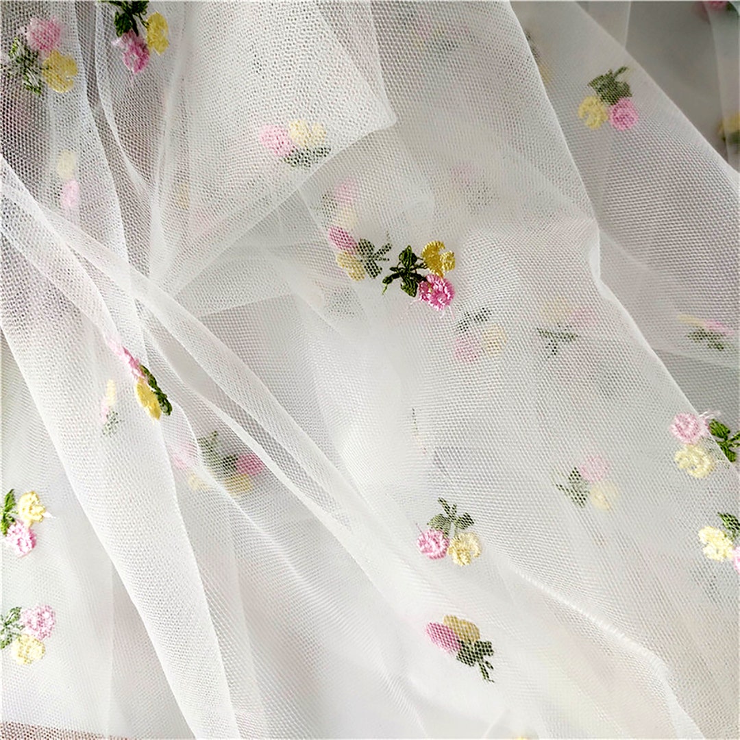 Flower Embroidered Tulle Fabric Pink Small Floral Lace Fabrics